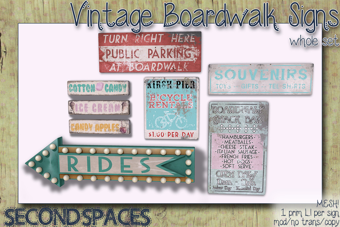 Second Life Marketplace - Second Spaces - Vintage Boardwalk Signs (bxd1)