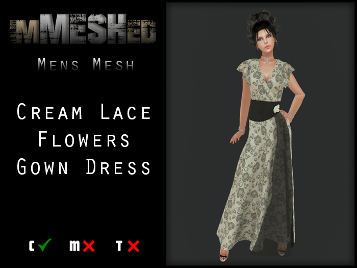 Second Life Marketplace - imMESHed - Cream Lace Flowers - Gown Dress
