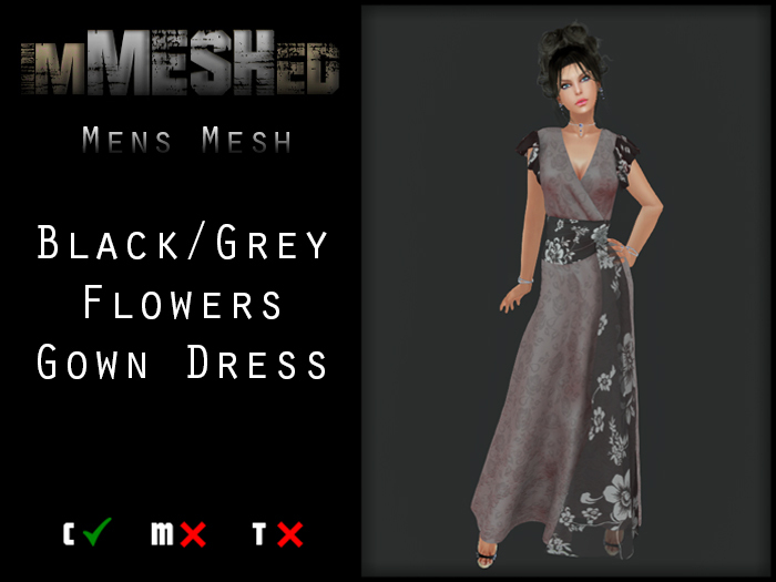Second Life Marketplace - imMESHed - Black/Grey Flowers - Gown Dress ...