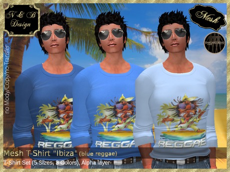 Second Life Marketplace - *N & B Design* Mesh T-Shirt "Ibiza" (blue reggae)