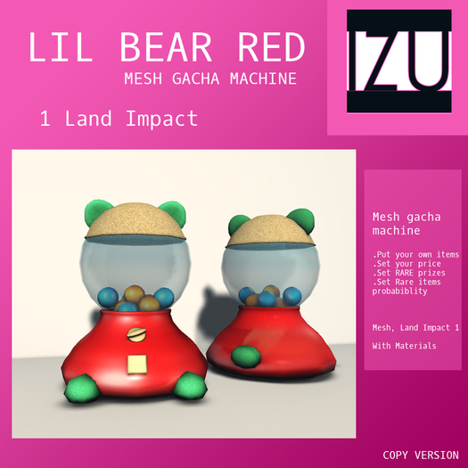 Second Life Marketplace - IZU LilBear Mesh Gacha Machine RED - 1 Land Impact - Cute bear machine ...