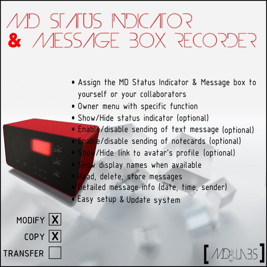Second Life Marketplace - MD Status Indicator & Message Box Recorder