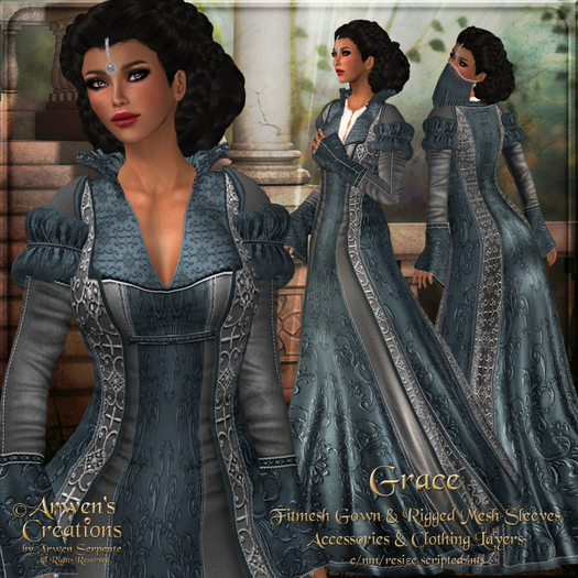 Second Life Marketplace {as} Grace Medieval Fitmesh Gown Steel Teal