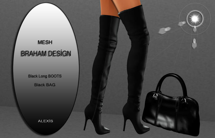 Second Life Marketplace - Braham Design Alexis Black Long Boots & Mesh Bag