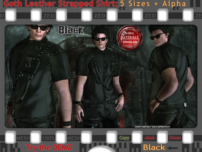 Second Life Marketplace - ZED MESH MATERIALS ENABLED: Black Goth Leather Strapped Shirt