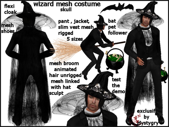 Second Life Marketplace - Wizard mesh formal costume black skulls hat ...