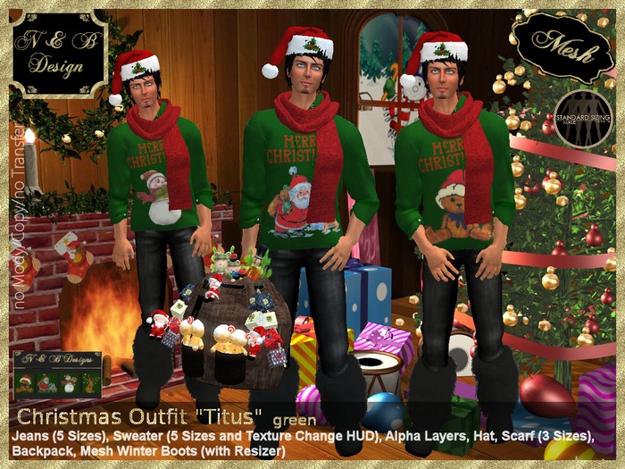 Second Life Marketplace - *N & B Design* Christmas Outfit "Titus" (green)
