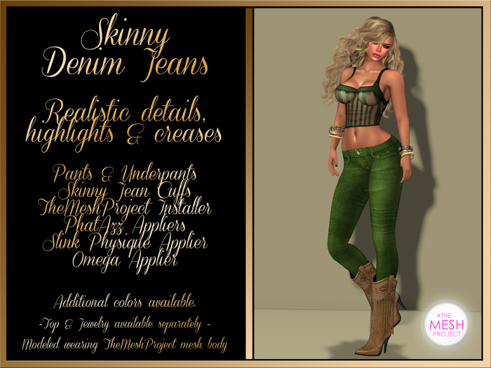 Second Life Marketplace - Skinny Denim Jeans - Green (w/Appliers for ...