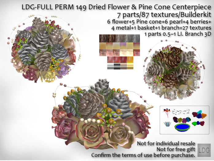 Second Life Marketplace - LDG-FULL PERM 149 Dried Flower & Pine Cone Centerpiece/7 parts/87 ...