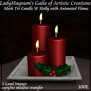Second Life Marketplace - LadyM's Mesh Tri Candle W Holly - Red