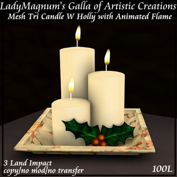 Second Life Marketplace - LadyM's Mesh Tri Candle W Holly -Cream 3