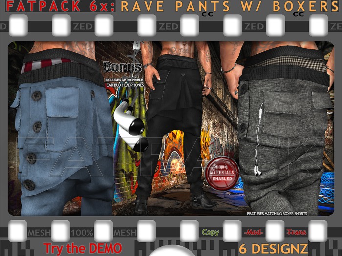 Second Life Marketplace - FATPACK - ZED 6x Rave Pants w Colour Coded ...