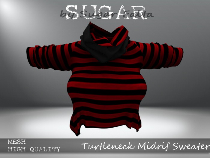 Second Life Marketplace - SUGAR - Turtleneck Midriff Sweater - RED STRIPED