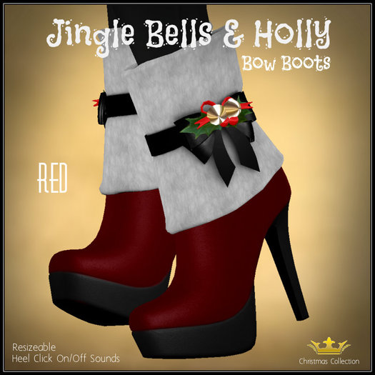 Second Life Marketplace - Jingle Bells & Holly Fur Bow Boots (A) RED