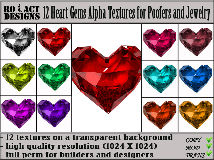 Second Life Marketplace - Ro!Act Designs 12 Heart Gems Alpha Textures ...