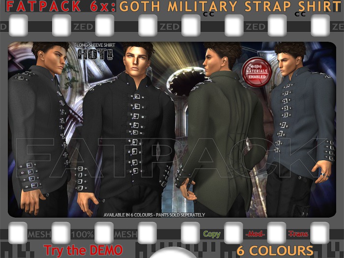 Second Life Marketplace - FATPACK - ZED 6x MESH Goth Military Strap Shirt