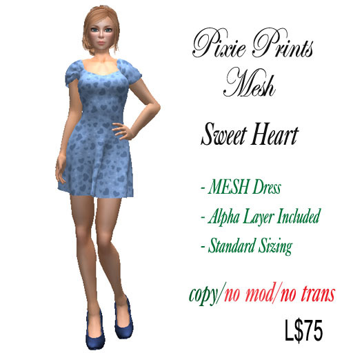Second Life Marketplace - Pixie Prints MESH Sweet Heart Dress in Blue