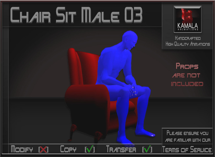 Second Life Marketplace - Seating *Chair Sit Male 03* Animations for Builders