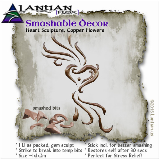 Second Life Marketplace - Smashable Decor - Heart Sculpture, Copper Flowers