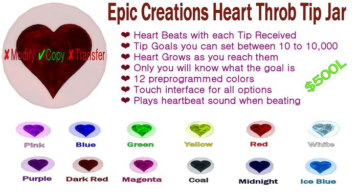 Second Life Marketplace - Epic Creations - Heart Throb Tip Jar