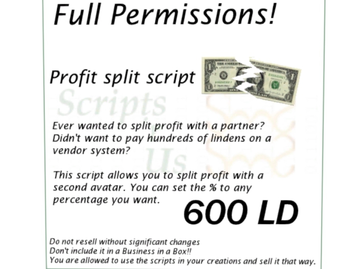 Second Life Marketplace - Profit Split Script (FULL PERMS)