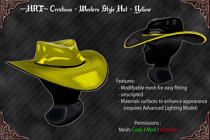 Second Life Marketplace - ~:HRT:~ Creations - Western Style Hat - Yellow