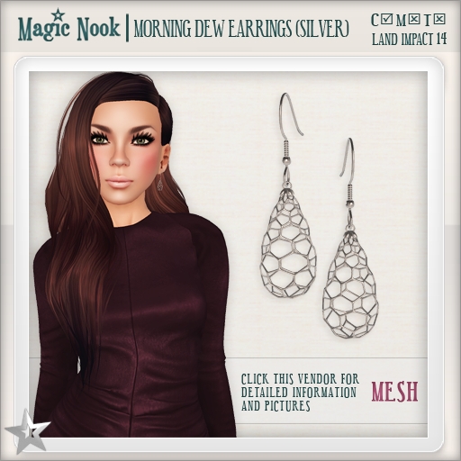 Second Life Marketplace - [MAGIC NOOK] Morning Dew Earrings (Silver) MESH
