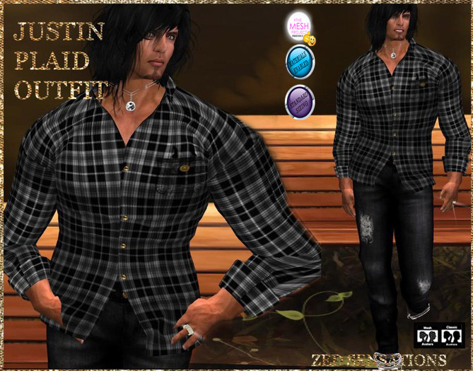 Second Life Marketplace - Justin Plaid Mens Outfit black TMP Friendly
