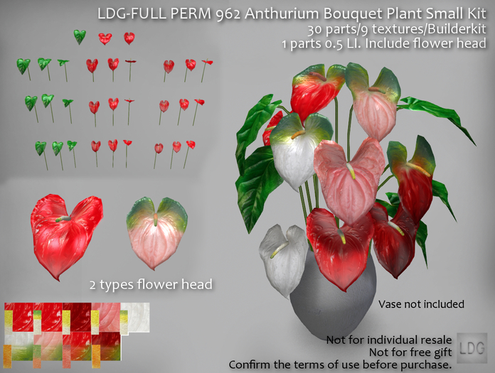 Second Life Marketplace - LDG-FULL PERM 962 Anthurium Bouquet Plant Small Kit /30 parts/9 ...