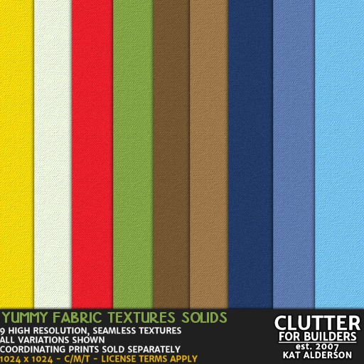 Second Life Marketplace - CLUTTER - Yummy Fabric Textures Solids - 9PK