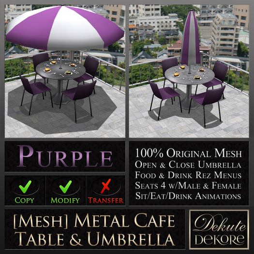 Second Life Marketplace - [Mesh] Metal Cafe Table & Umbrella - Purple