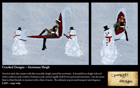 Second Life Marketplace - FREE - Crooked Designs ~ Snowman Sleigh