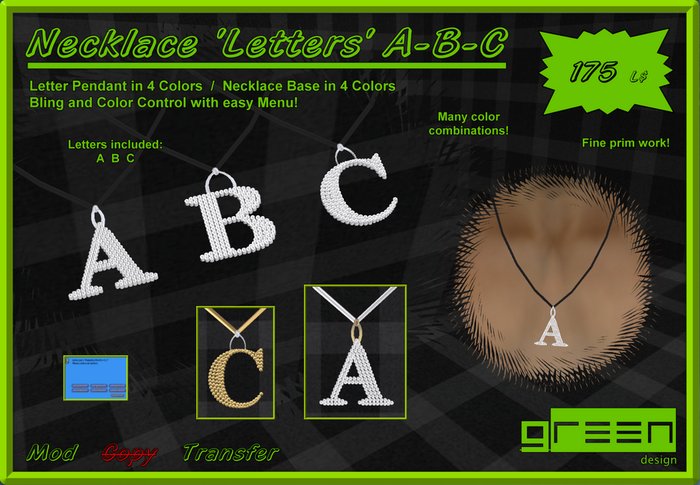 Second Life Marketplace - GD Alphabet Necklace A-B-C [Multi Color, 3 ...