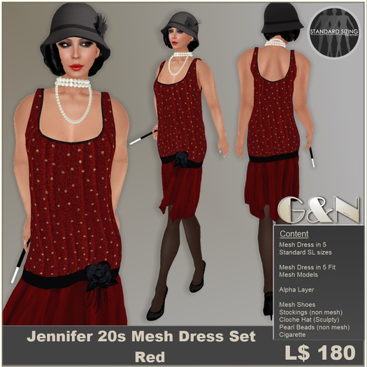 Second Life Marketplace - G&N Jennifer 20s Mesh Flapper Dress Red