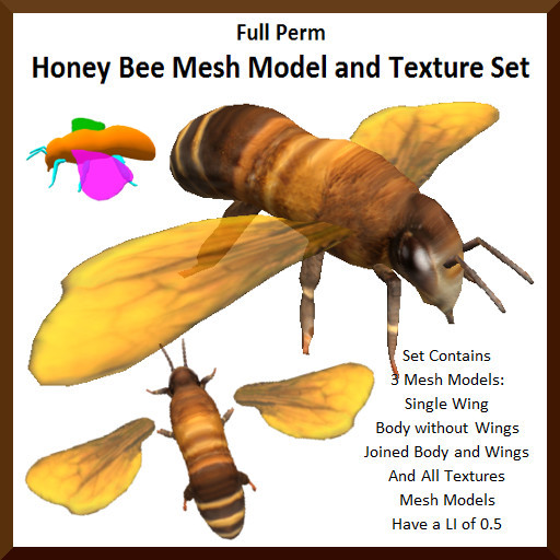 Second Life Marketplace - Full Perm Honey Bee Mesh Model and Texture Set