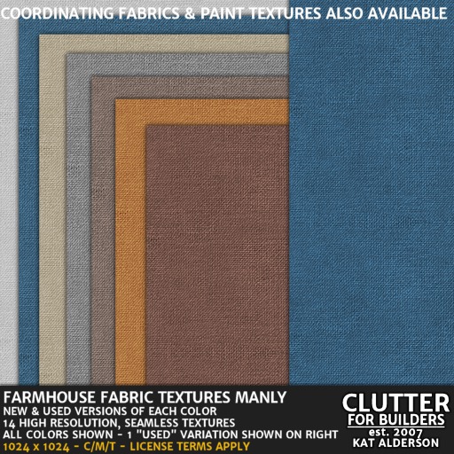 Second Life Marketplace - CLUTTER - Farmhouse Fabric Textures Manly - 14PK