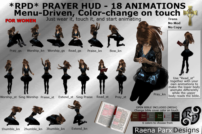 Second Life Marketplace - RPD PRAYER HUD (WOMEN), 18 ANIMATIONS, MENU ...