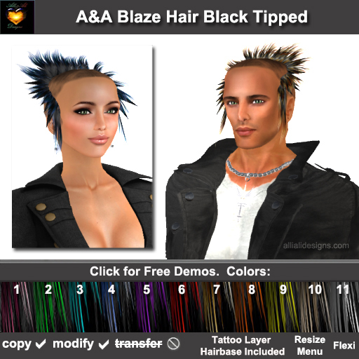 Second Life Marketplace - A&A Blaze Hair 11 Black Tipped Colors Variety ...