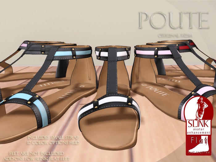 Second Life Marketplace - Poute- Camilla Flat Sandals- Black & Small HUD