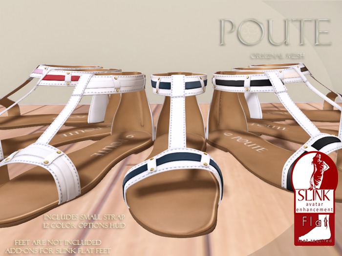 Second Life Marketplace - Poute- Camilla Flat Sandals- White & Small HUD