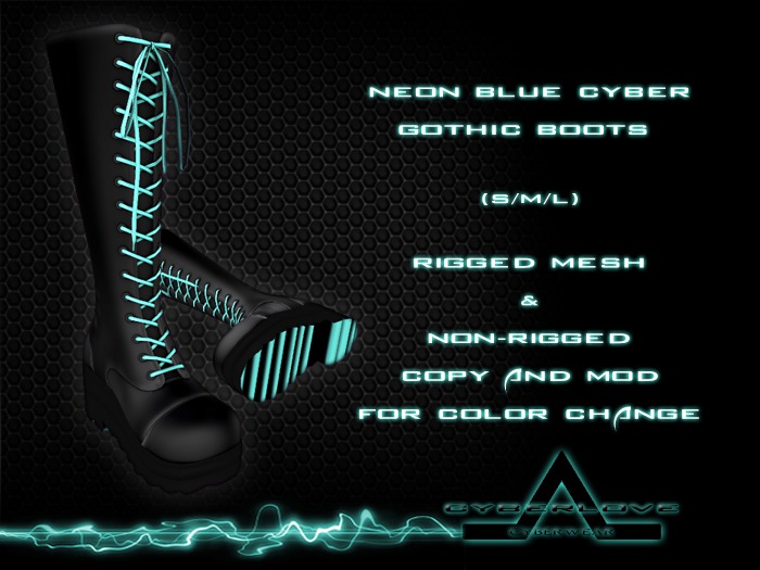 Second Life Marketplace - Neon (Blue) Cyber Gothic Boots - Rigged Mesh