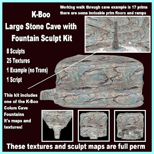 Second Life Marketplace - k-boo Large stone cave with fountain sculpt kit