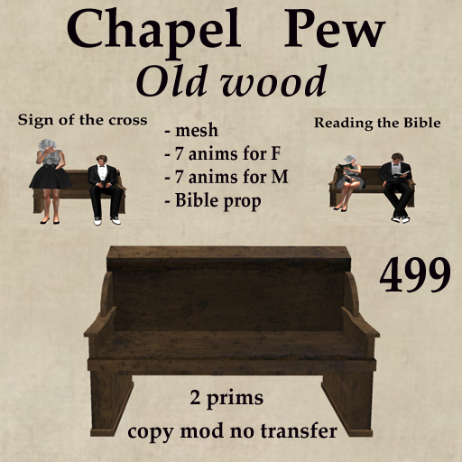 Second Life Marketplace - MaMia-BOX old wood Church chapel pew for 2 ...
