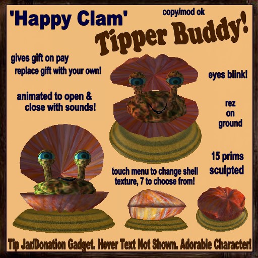 Second Life Marketplace - (CC) Tip Jar: Happy Clam Tipper Buddy -moving ...