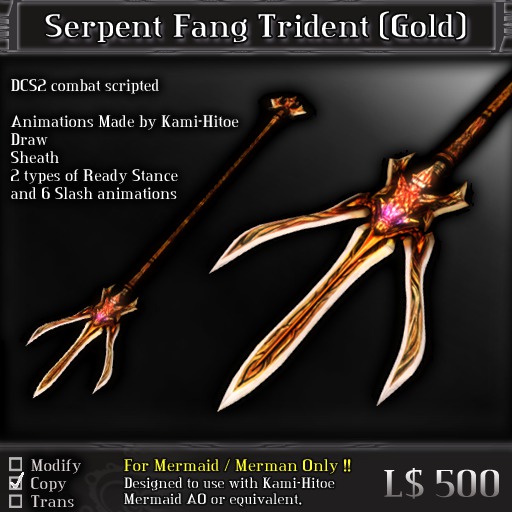 Second Life Marketplace - :KH: :KH: Serpent Fang Trident (Gold)