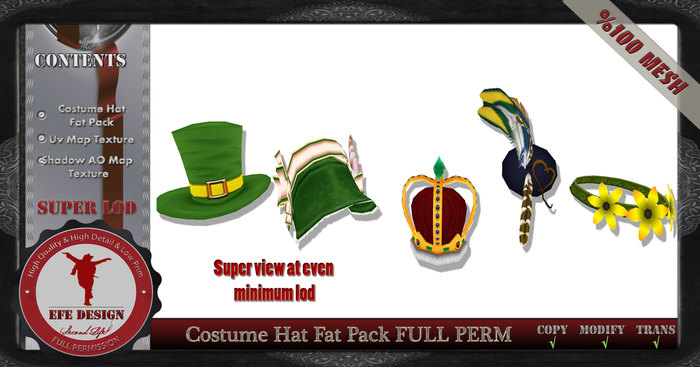 Second Life Marketplace - Costume Hat Fat Pack Full Permission EFE DESIGN