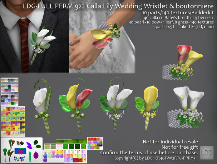 Second Life Marketplace - LDG-FULL PERM 922 Calla Lily Wedding Wristlet ...