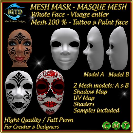 Second Life Marketplace - MASK - MASQUE - MESH - Whole Face - Tattoos ...