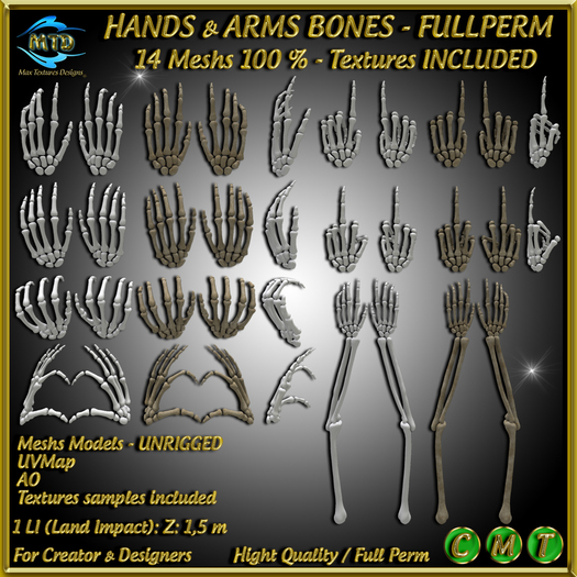 Second Life Marketplace - HANDS & ARMS BONES - FULLPERM - 14 MESHS UNRIGGED