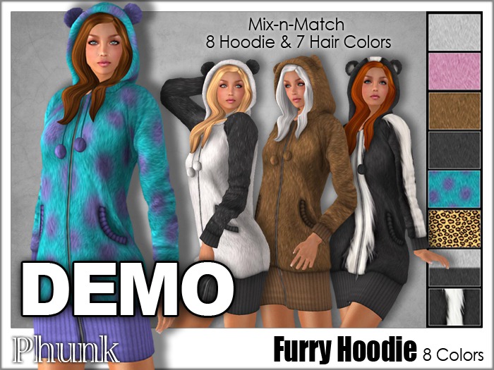 Second Life Marketplace - DEMO [Phunk] Womens Furry Hoodie (8 Colors)